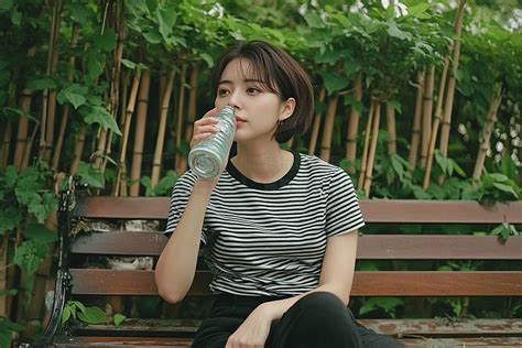 成年女性ai数字艺术 喝水自然写实简约风成年女性黑白条纹t恤木椅水瓶场景人像照片 Ai人像免费下载 Png格式 1344像素 编号72486453 千图网