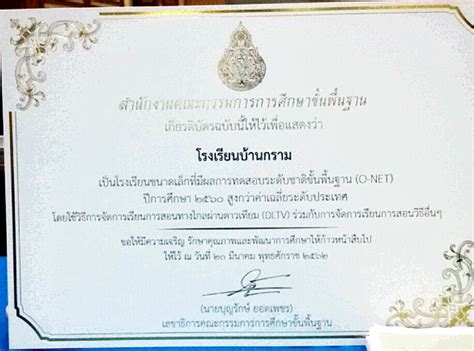 โรงเรียนบ้านกราม รับเกียรติบัตรผลo Netปีการศึกษา 2560 สูงกว่าค่าเฉลี่ยระดับประเทศ