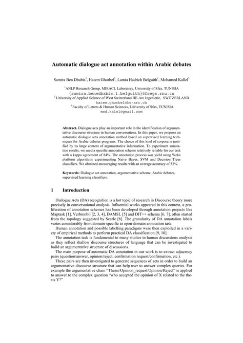 Pdf Automatic Dialogue Act Annotation Within Arabic Debates