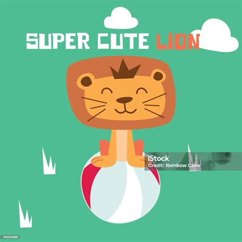 귀여운 미소 행복 한 사자 정글 킹 멋진 T셔츠 찻잔 가방 도시락 벽지 래퍼 포스터 및 배너 디자인을 아이 들을 위한 평면 벡터 일러스트 레이 션 아기에 대한 스톡 벡터