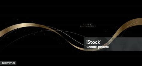 블랙 배경에 조명 효과가 있는 추상적인 모던 럭셔리 골든 웨이브 라인과 리본 골드 입자 금메달에 대한 스톡 벡터 아트 및 기타 이미지 금메달 리본 검은색 Istock