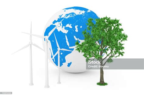 생태 에너지 개념입니다 풍력 터빈 풍차 지구 지구본 및 녹색 나무 3d 렌더링 0명에 대한 스톡 사진 및 기타 이미지 0명