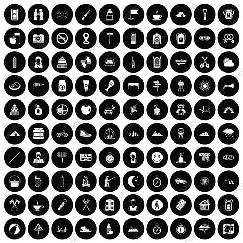 100 가족 캠핑 아이콘 흰색 배경 벡터 일러스트 레이 션에 고립 된 검은 색 원 색상에 간단한 스타일 흰색으로 설정 날씨 지금 벡터 Png 일러스트 및 벡터 에