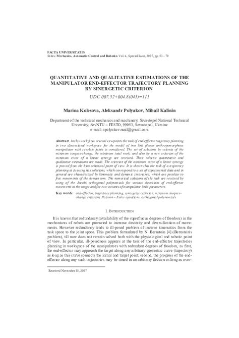 Pdf Quantitative And Qualitative Estimation Of The Manipulator End Effector Trajectory