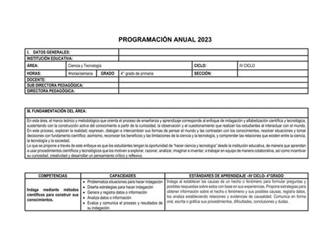 Modelo ProgramaciÓn Anual De Ciencia Y TecnologÍa 4° Grado De Primaria