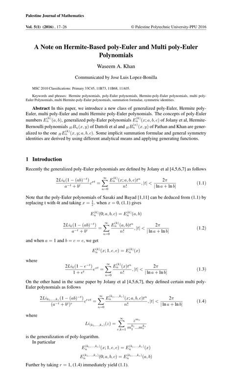 Pdf A Note On Hermite Based Poly Euler And Multi Poly Euler Polynomials