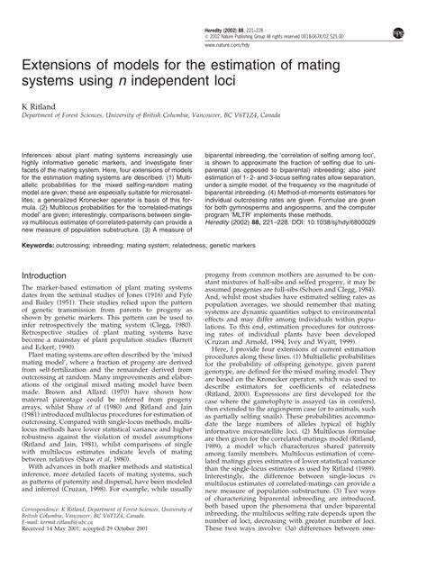 Pdf Extensions Of Models For The Estimation Of Mating Systems Using N Independent Loci