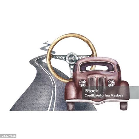 빈티지 복고풍 자동차 정면도 골동품 나무 스티어링 휠 아스팔트 도로 원근법 손으로 만든 수채화 일러스트 배너 전단지 또는 포스터용 인쇄용 스티커 엽서용 0명에 대한 스톡