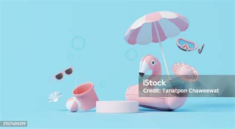 3d 렌더링 여름 요소 비치 파라솔 공 및 선글라스 여행 휴가 장면으로 파란색 배경에 제품을 보여주기 위한 연단 0명에 대한 스톡 사진 및 기타 이미지 Istock