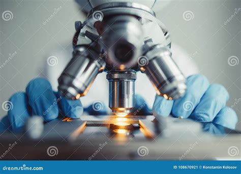 Close Up Of Examining Of Test Sample Under The Microscope Stock Image Image Of Equipment Exam