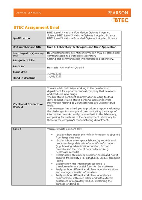 Authorised Assignment Brief For Learning Aim D Unit 4 Btec Assignment Brief Qualification