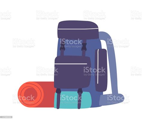 Backpack And Mat Set For Tourists Isolated On White Background The
