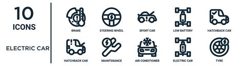 전기 자동차 개요 아이콘 세트는 얇은 라인 브레이크 스포츠카 해치백 자동차 유지 보수 전기 타이어 보고서 프리젠 테이션 다이어그램 웹 디자인을위한 해치백 아이콘을 포함합니다