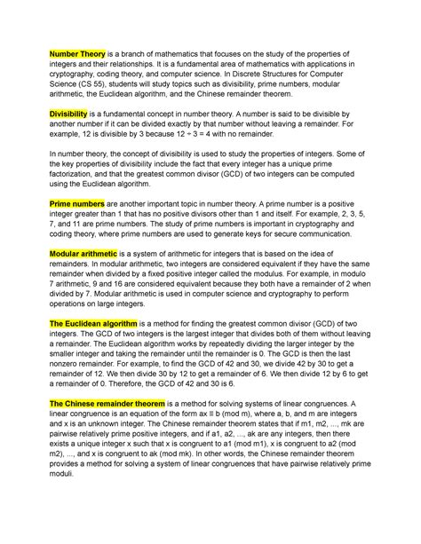 Number Theory Notes Number Theory Is A Branch Of Mathematics That
