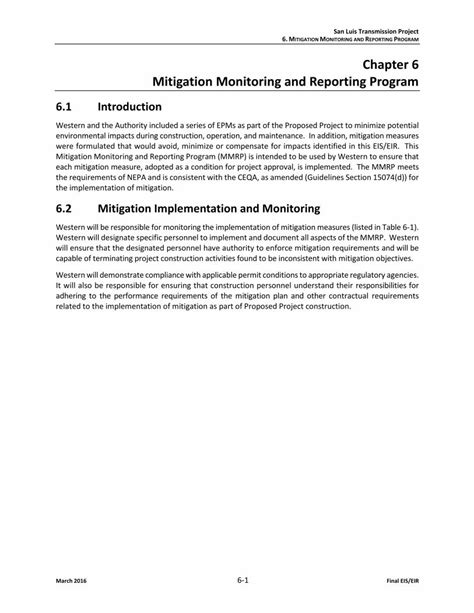 Pdf Chapter 6 Mitigation Monitoring And Reporting Program Final · Mitigation Monitoring And