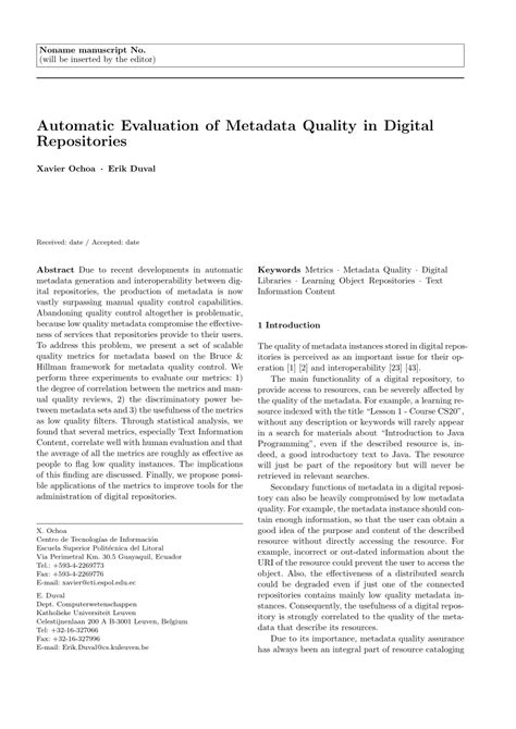 Pdf Automatic Evaluation Of Metadata Quality In Digital Libraries