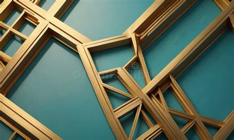 Close Up View Geometric Pattern Intersecting Wooden Beams In Complex Arrangement With Blue