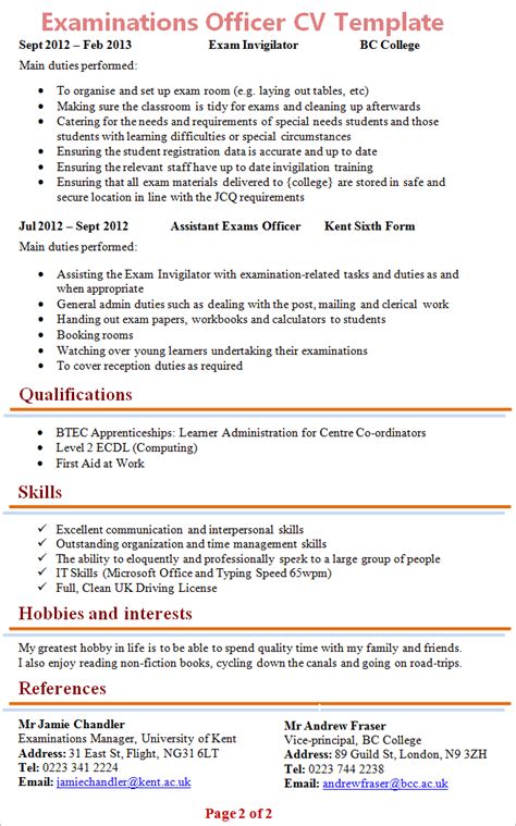 Examinations Officer Cv Template 2