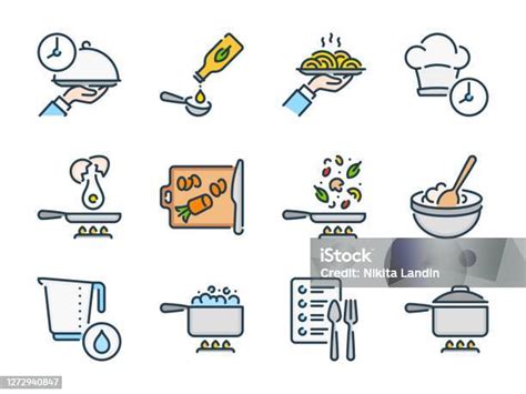 요리 관련 벡터 색상 선 아이콘 세트입니다 식사 요리 와 주방 장비 다채로운 아이콘 음식과 주방 기구 아이콘 컬렉션 그래픽 사용자 인터페이스에 대한 스톡 벡터 아트 및 기타