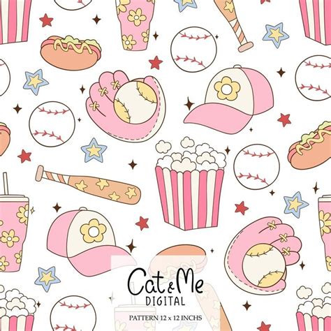Retro Girly Baseball Pattern Pink Girl Baseball Seamless Trendy Sport