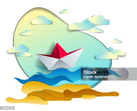바다 파도에서 수영 종이 접기 종이 배 장난감 바다에 떠있는 장난감 보트와 하늘에 구름과 아름다운 바다 풍경의 아름다운 벡터 그림 물 여행 여름 휴가 3차원 형태에 대한