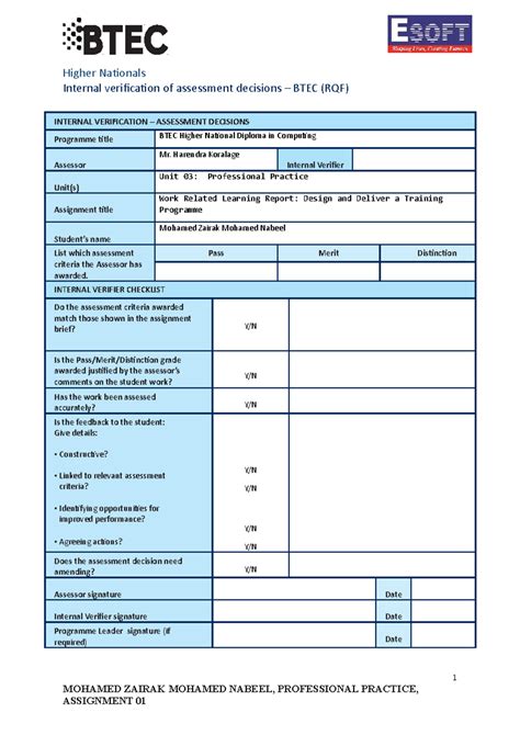 Professional Practice Unit 01 Higher Nationals Internal Verification Of Assessment Decisions