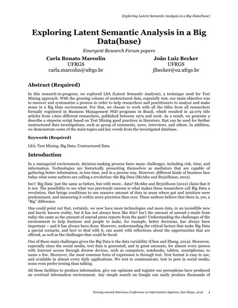 Pdf Exploring Latent Semantic Analysis In A Big Data Base