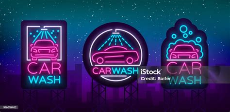 자동차 세척 아이콘 고립 된는 네온 스타일 벡터 일러스트 레이 션의 설정된 벡터 디자인 서식 파일 개념 세차 테마에 빛나는 간판