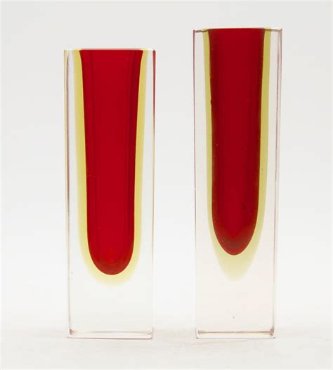 Murano Glass Block Vases With Red Core And Diffused Amber By Flavio