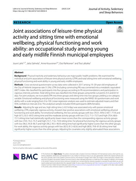 Pdf Joint Associations Of Leisure Time Physical Activity And Sitting Time With Emotional
