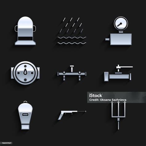 매니폴드 낚시 작살 해왕성 삼지창 산업 금속 파이프 및 밸브 리프트 백 윈드 로즈 게이지 스케일 및 부표 아이콘을 설정합니다
