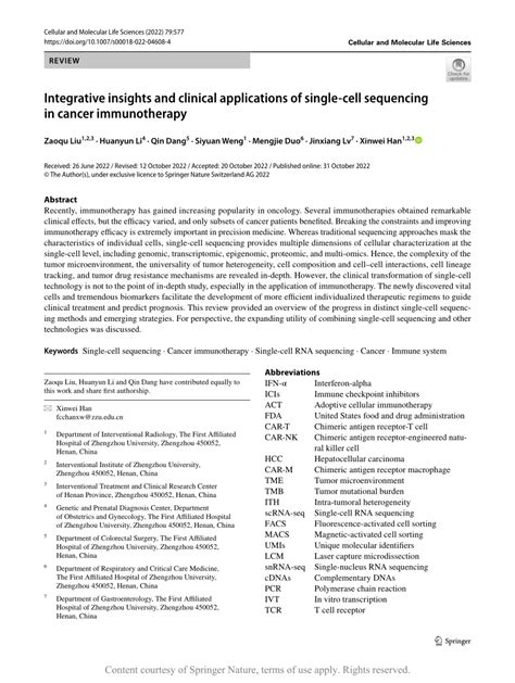 Integrative Insights And Clinical Applications Of Single Cell Sequencing In Cancer Immunotherapy