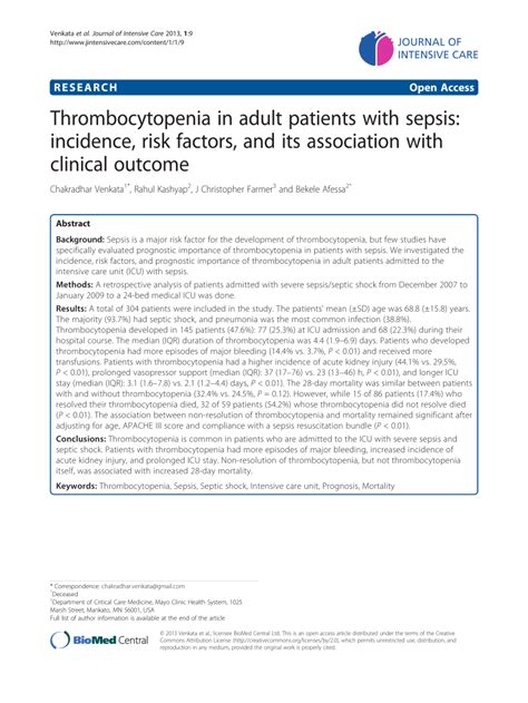 Pdf Thrombocytopenia In Adult Patients With Sepsis Incidence Risk Factors And Its