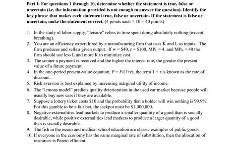Solved Part I For Questions 1 Through 10 Determine Whether