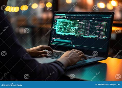 Hands Showing Coding Programmer A Software Engineer Working On A Laptop With Javascript Stock