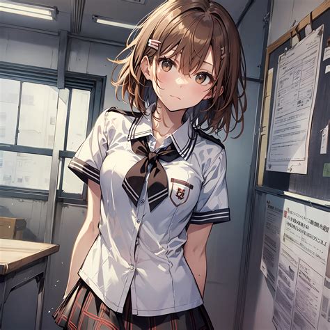 掲示板のある部屋に立っている制服を着たアニメの女の子 SeaArt AI