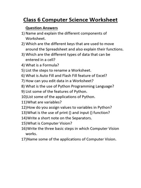 Computer Science Class 6 Worksheet Pdf Worksheet Microsoft Excel