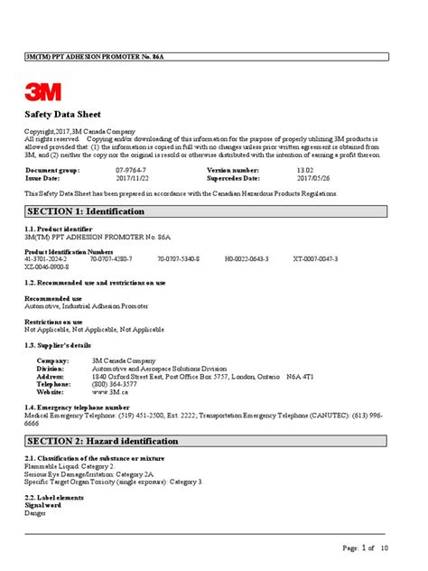 Safety Data Sheet 3m Tm Ppt Adhesion Promoter No 86a Pdf