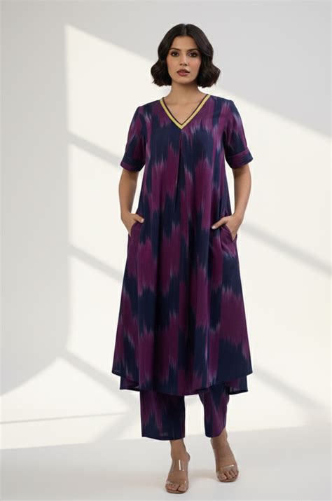 Twilight Streak Modern Box Pleated Cotton Kurta And Pants Co Ord Set
