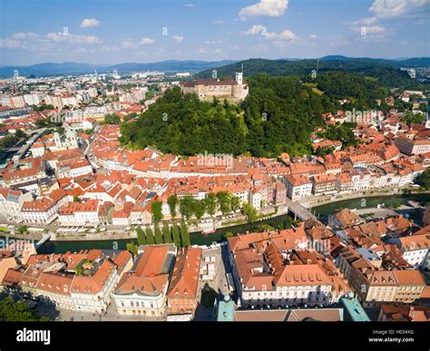 Aerial View Of Ljubljana Castle On Hill Above The Downtown Slovenia