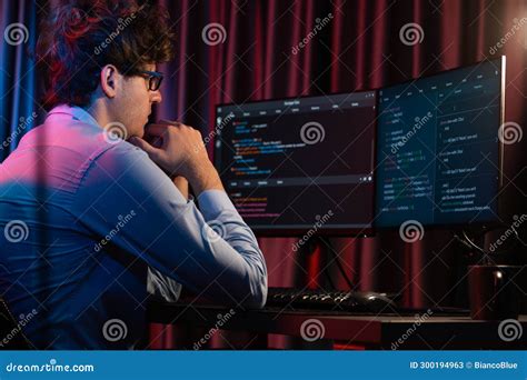 Working It Developer Concentrating Online Software At Neon Light Room