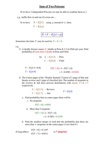 A Level Statistics Poisson Distribution Worksheet Teaching Resources