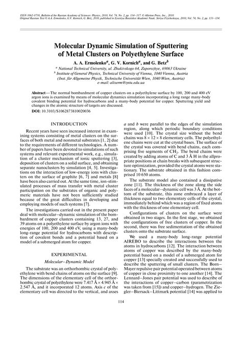 Pdf Molecular Dynamics Simulation Of Sputtering Of Metal Clusters On Polyethylene Surface