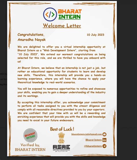 Anuradha Nayak On Linkedin Bharatintern Intern Internship