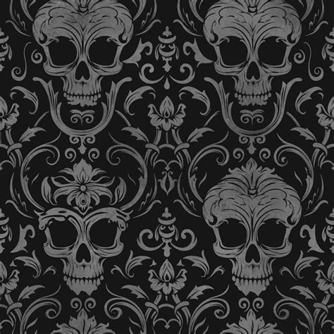 Dark Gothic Skull Damask Wallpaper