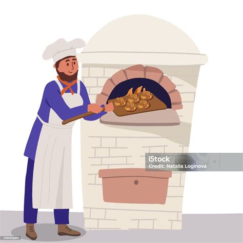 남성 제빵사는 흰색 배경에 고립 된 베이킹 요리 예술 및 전통 베이킹을 상징하는 평면 벡터 일러스트 레이 션에서 벽돌 오븐에서 빵을 굽습니다 공예에 대한 스톡 벡터 아트 및