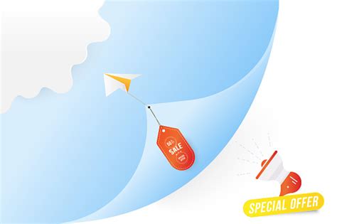 큰 판매 50 특별 한 제공 합니다 종이 비행기 스피커와 구름 파란 배경에 빨간색 꼬리표와 비행 평면 벡터 그림 Eps10입니다