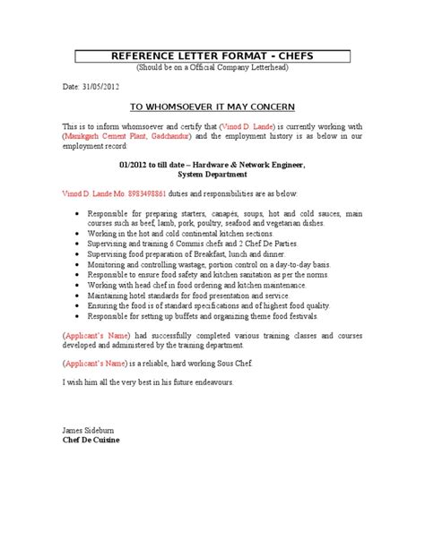 5 Reference Letter Format Chefs Pdf Chef Home Economics