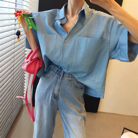라이트 빅포켓 카라 소매롤업 오버핏 연청 진청 세미 크롭 반팔 여름 데님 청 자켓셔츠 2color
