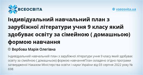 Індивідуальний навчальний план з зарубіжної літератури учня 9 класу який здобуває освіту за